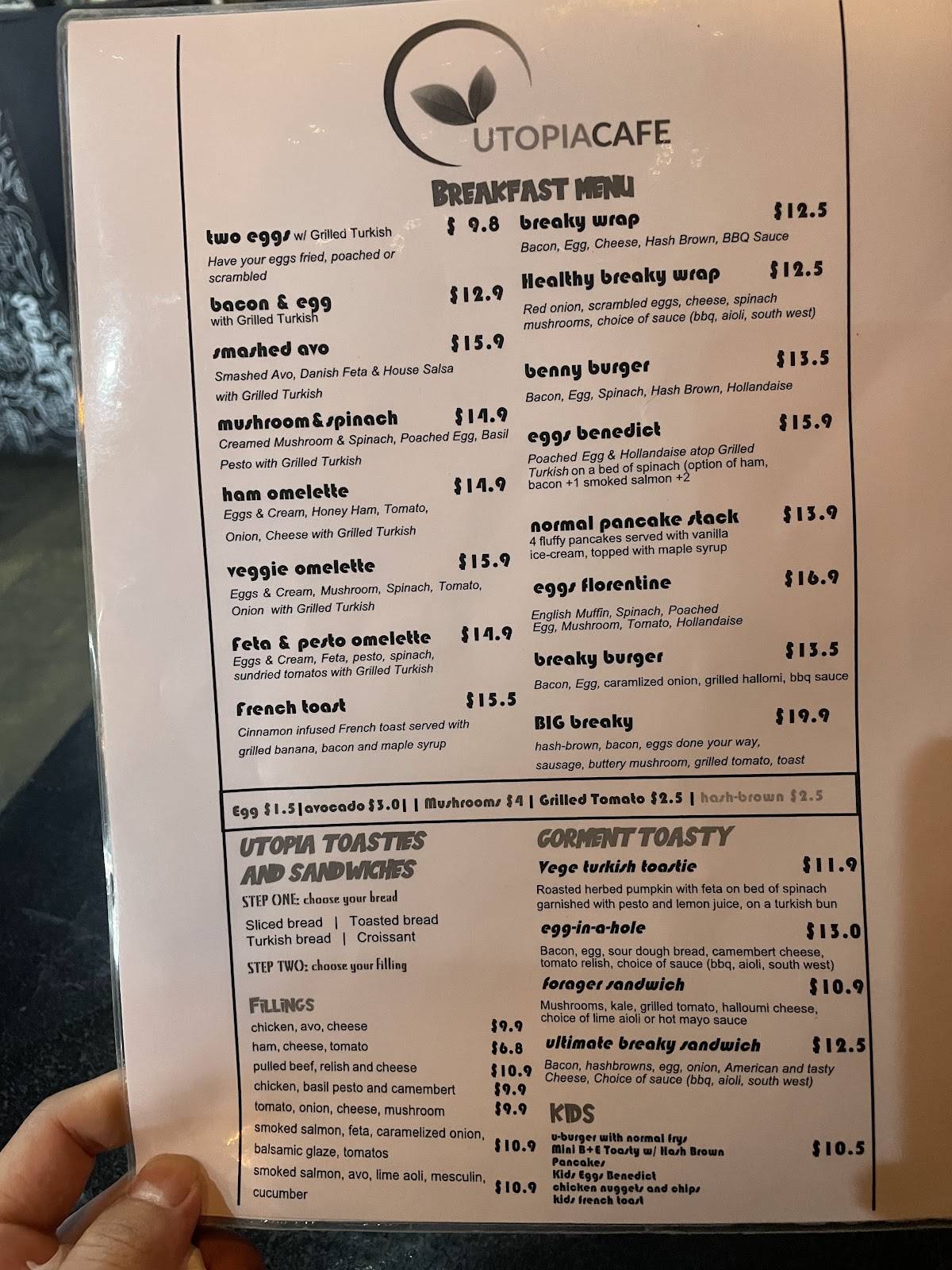 Menu at Utopia cafe Kingaroy, Kingaroy