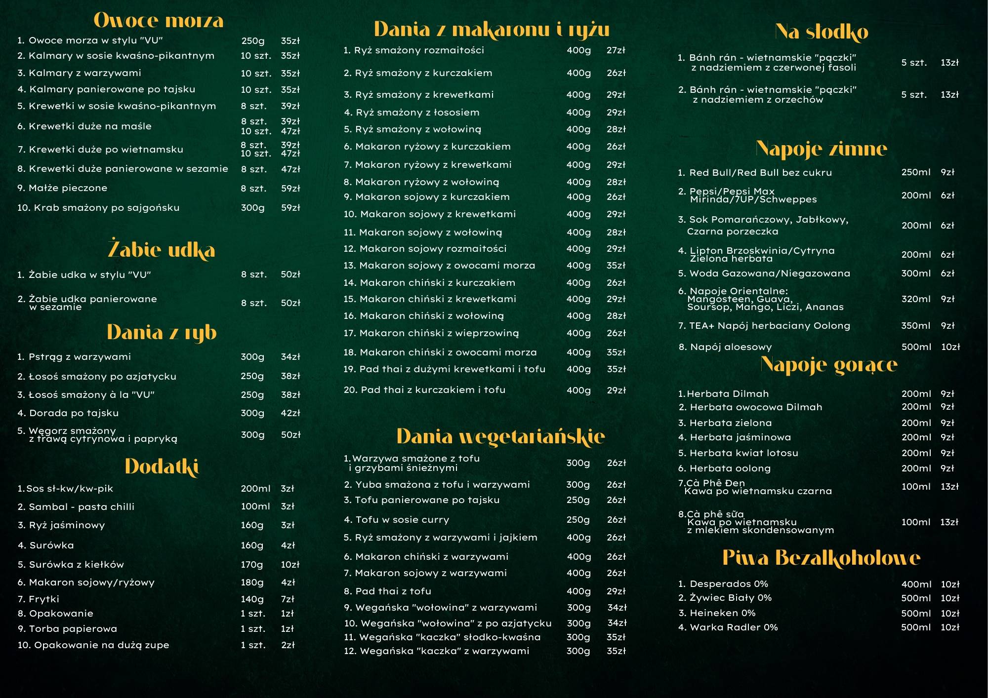 Menu at VU restaurant, Opole