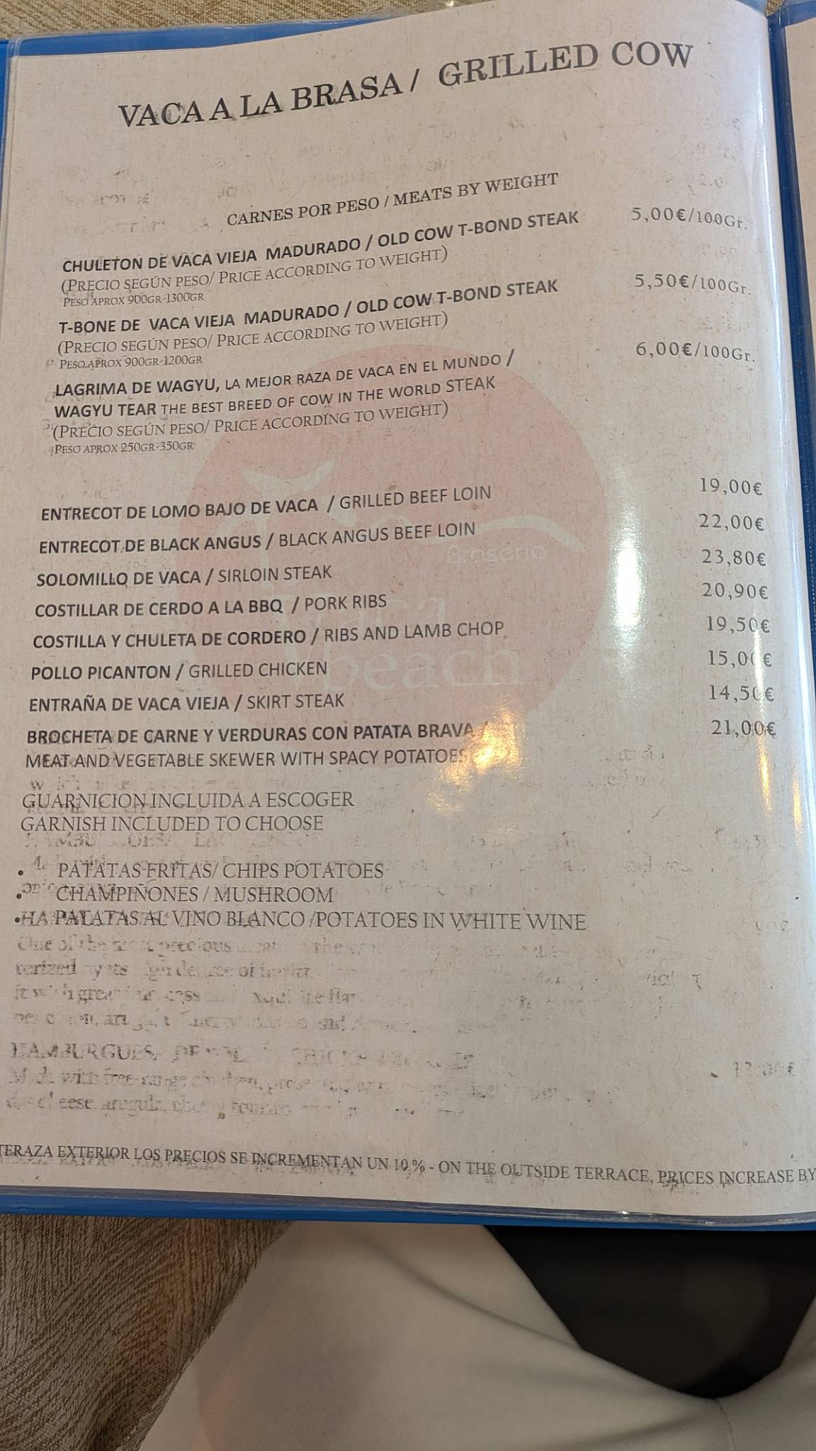 Carta del restaurante Vaca Beach, Benidorm