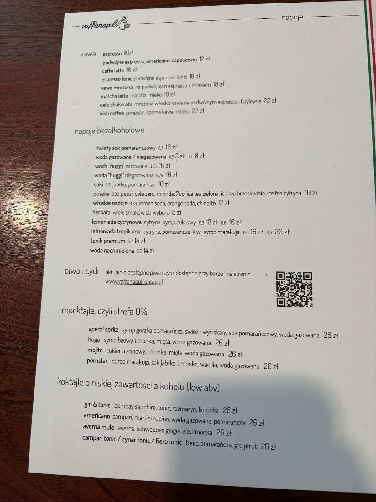 Menu at VaffaNapoli pub & bar, Wrocław