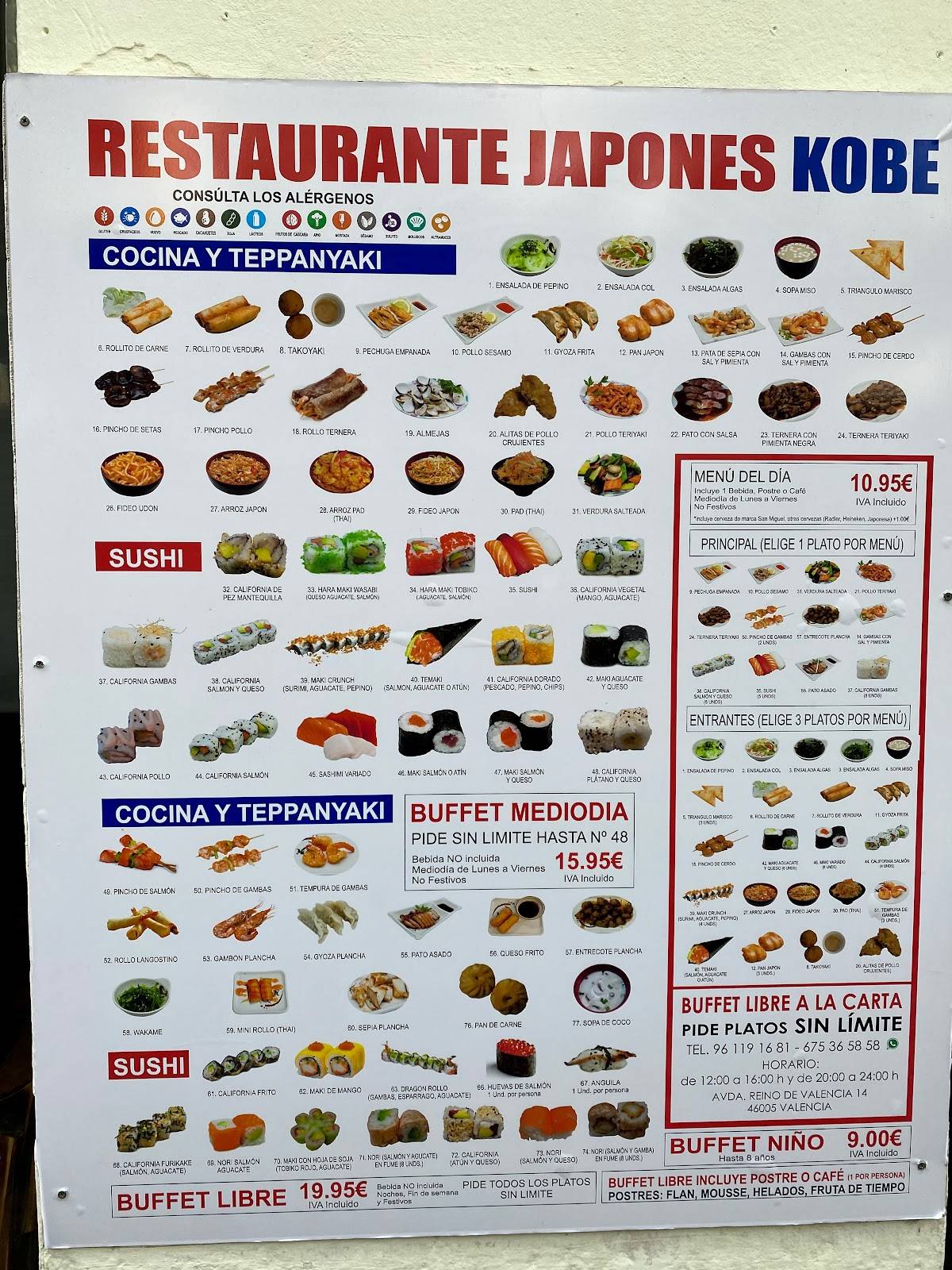 Carta de restaurante japones KOBE, Valencia