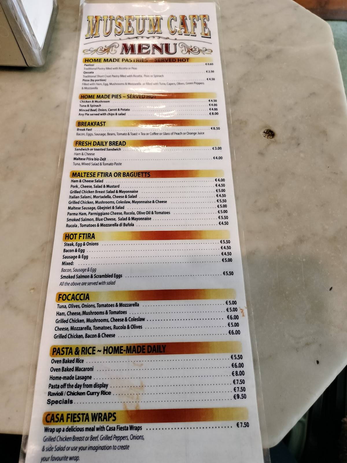 Menu at Museum Cafe, Valletta