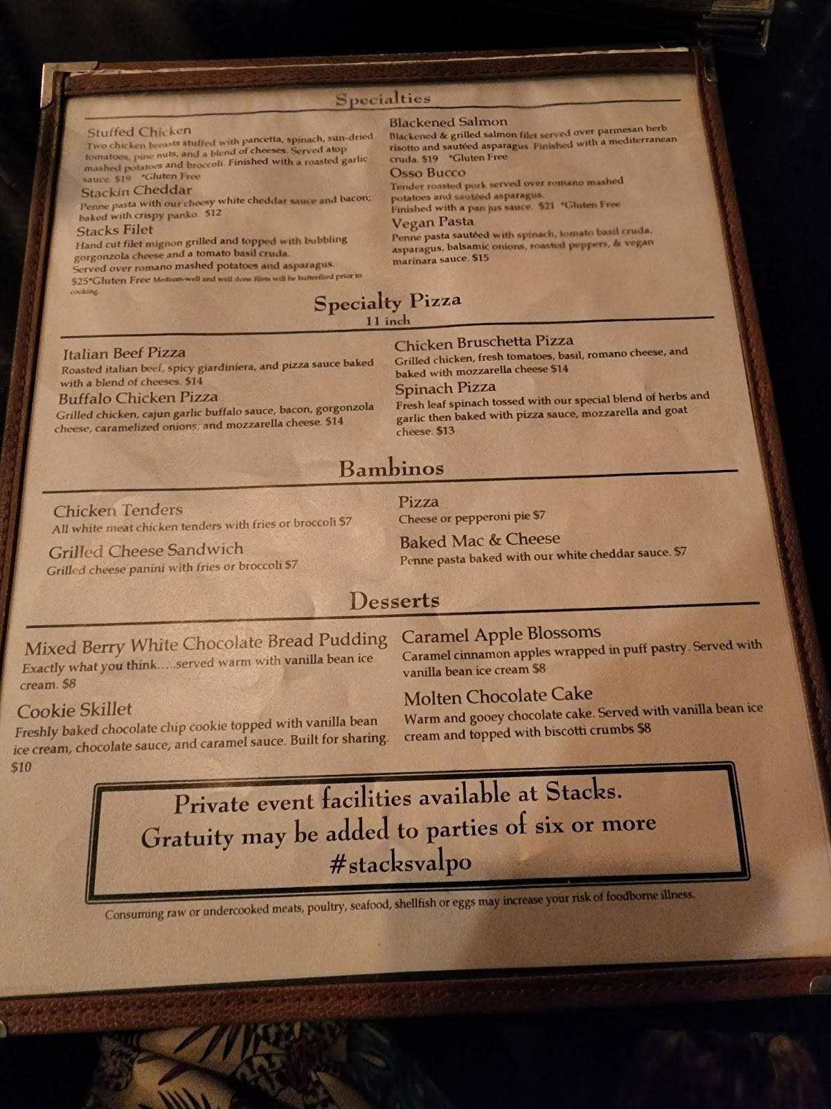 Menu at Stacks Bar and Grill, Valparaiso