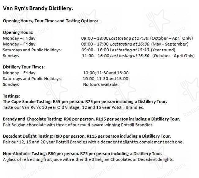 Menu at Van Ryn's Brandy Distillery pub & bar, Cape Town