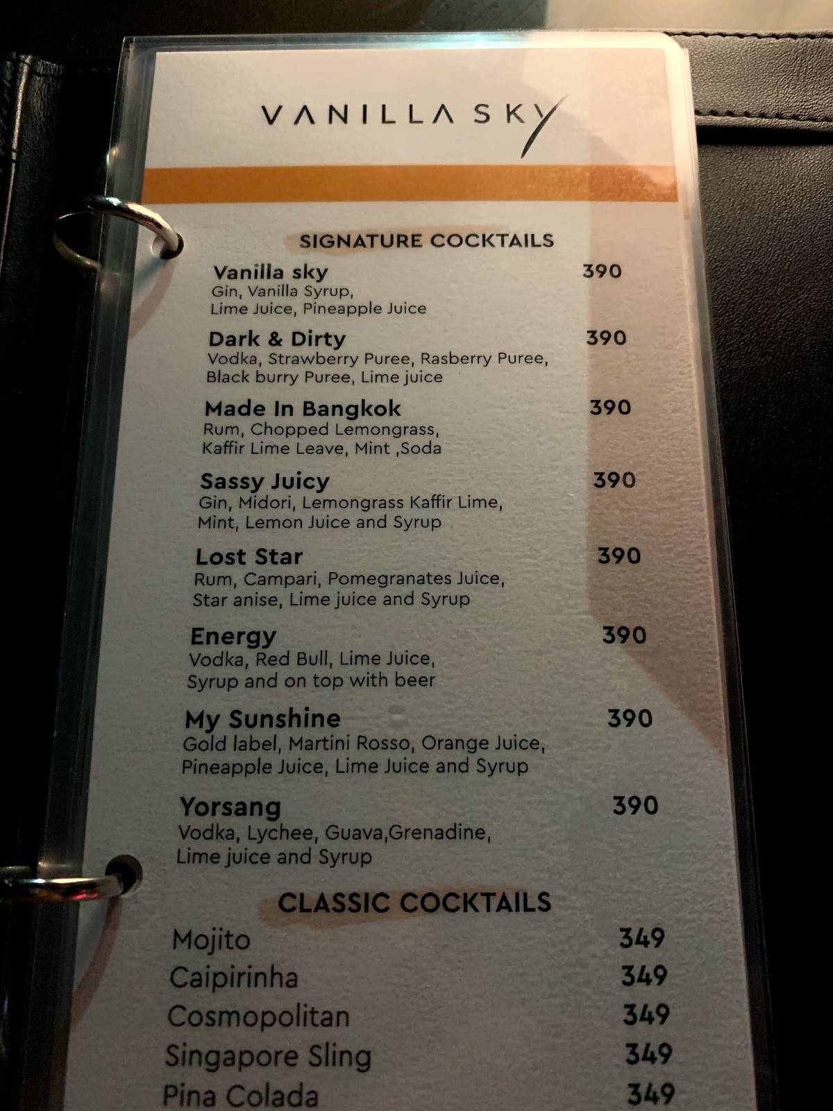 Menu at Vanilla Sky Rooftop Bar, Bangkok