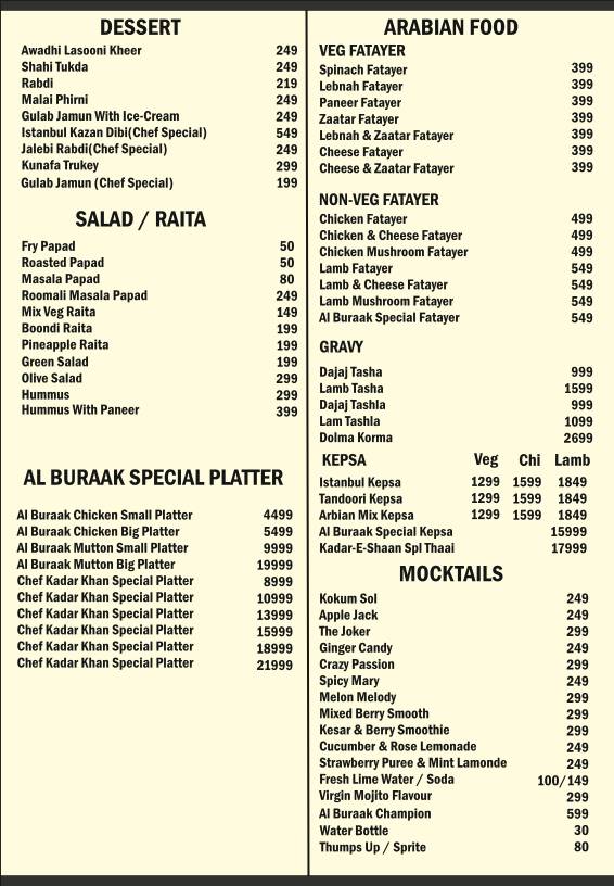 Menu at AL BURAAK, Vasai