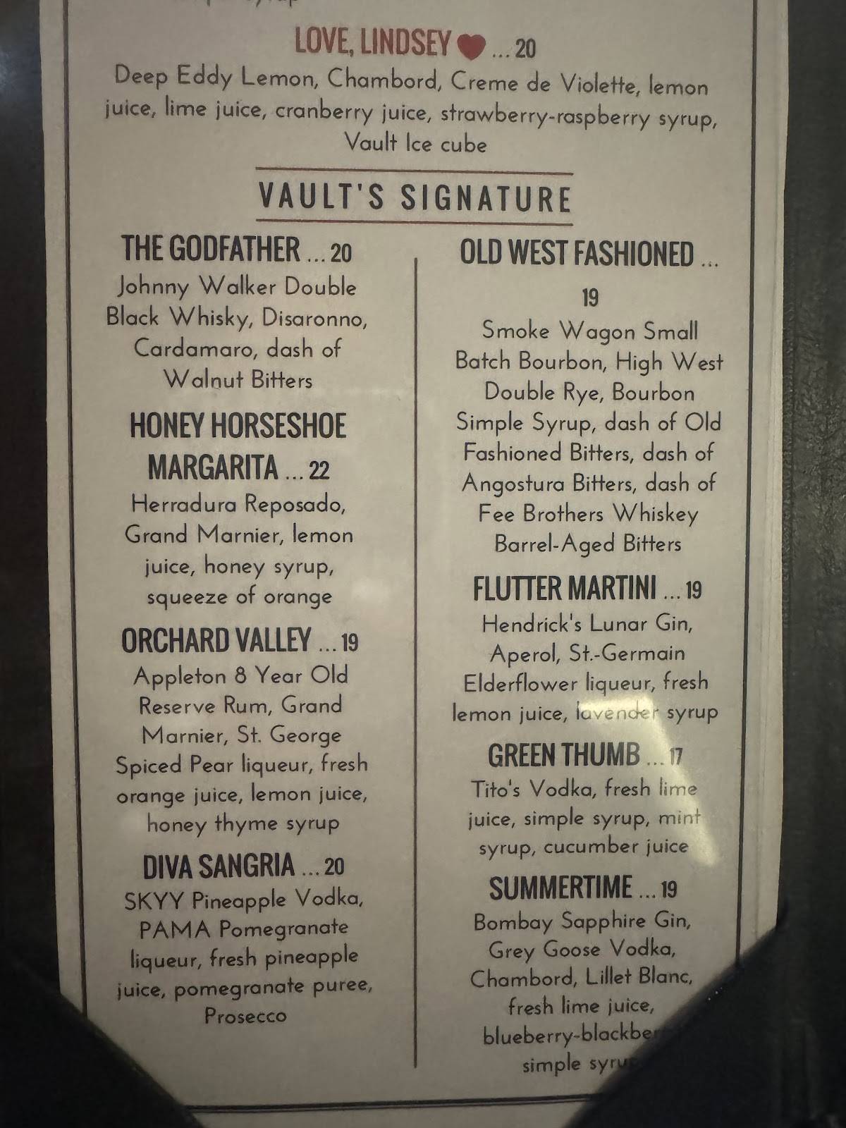 Menu at Vault Seafood & Steakhouse, Mansfield