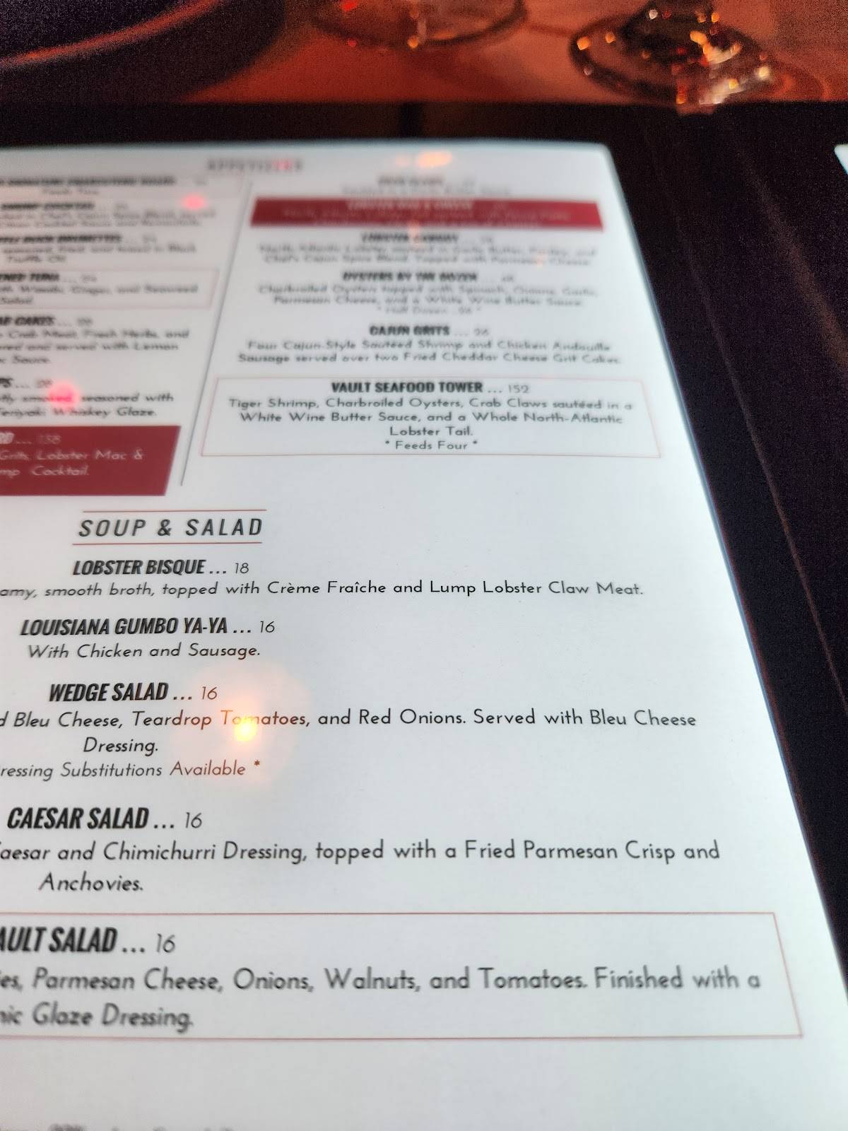 Menu at Vault Seafood & Steakhouse, Mansfield