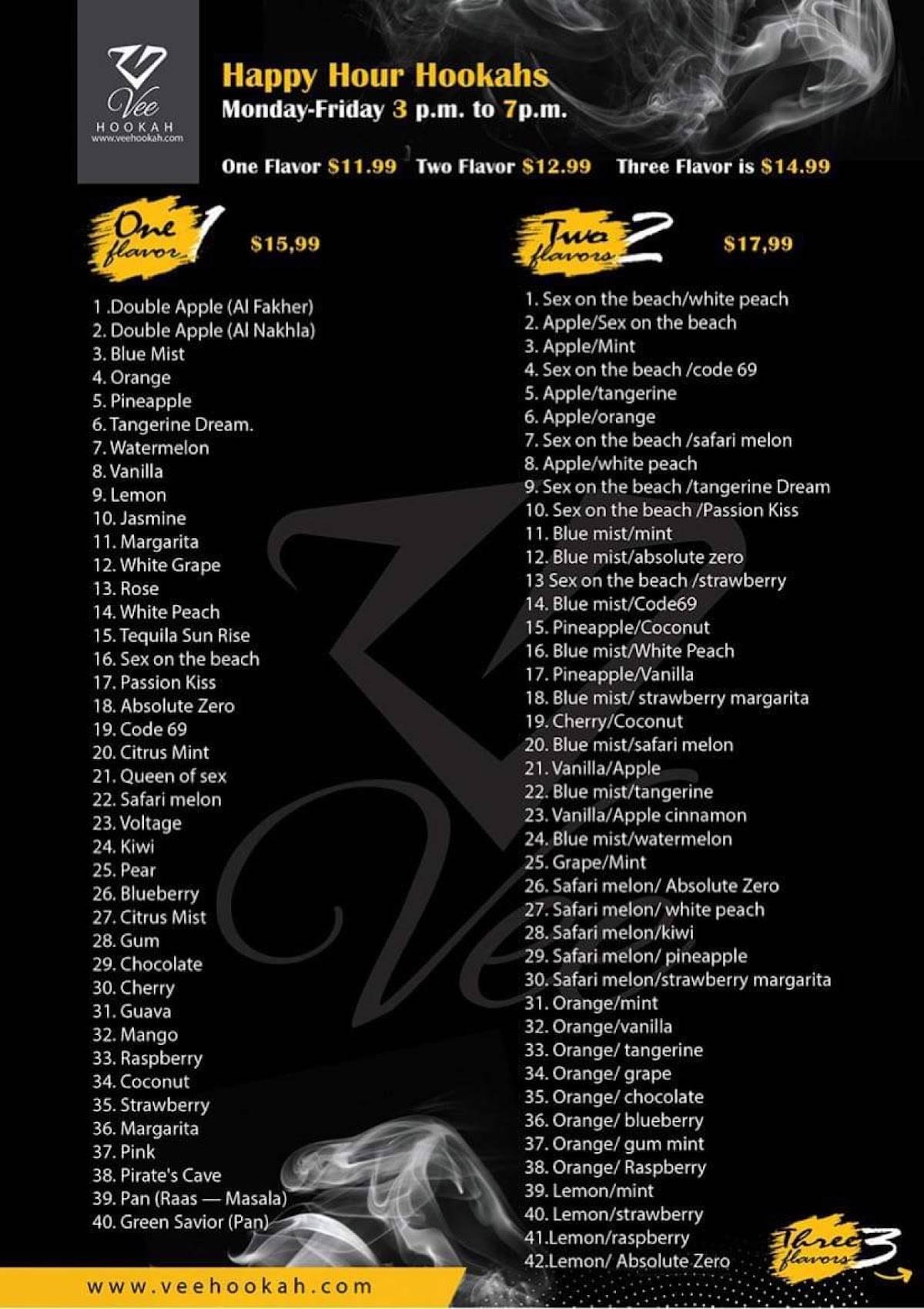 Menu at Vee Hookah Lounge pub & bar, Allen, 717 S Greenville Ave #110