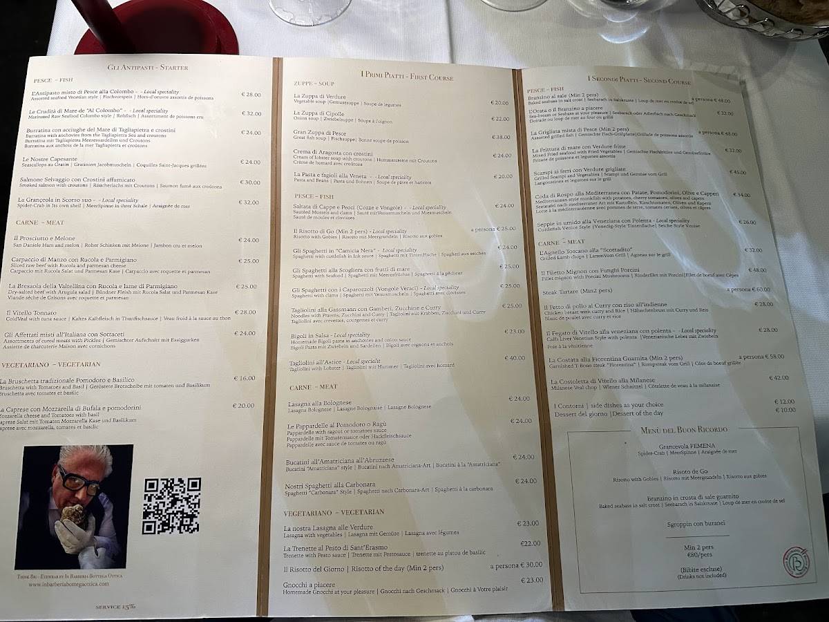 Menu au Al Colombo restaurant, Venise, Calle del Teatro o de la Commedia