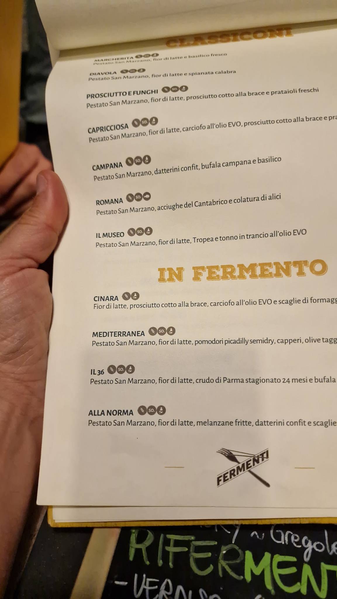 Menu at Fermenti restaurant, Venice