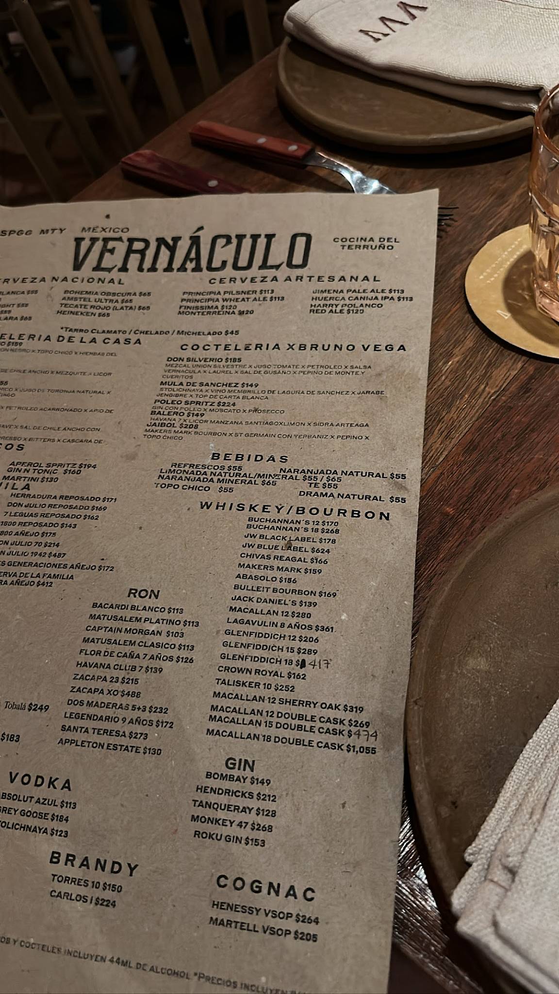 Carta del restaurante Vernáculo, San Pedro Garza García