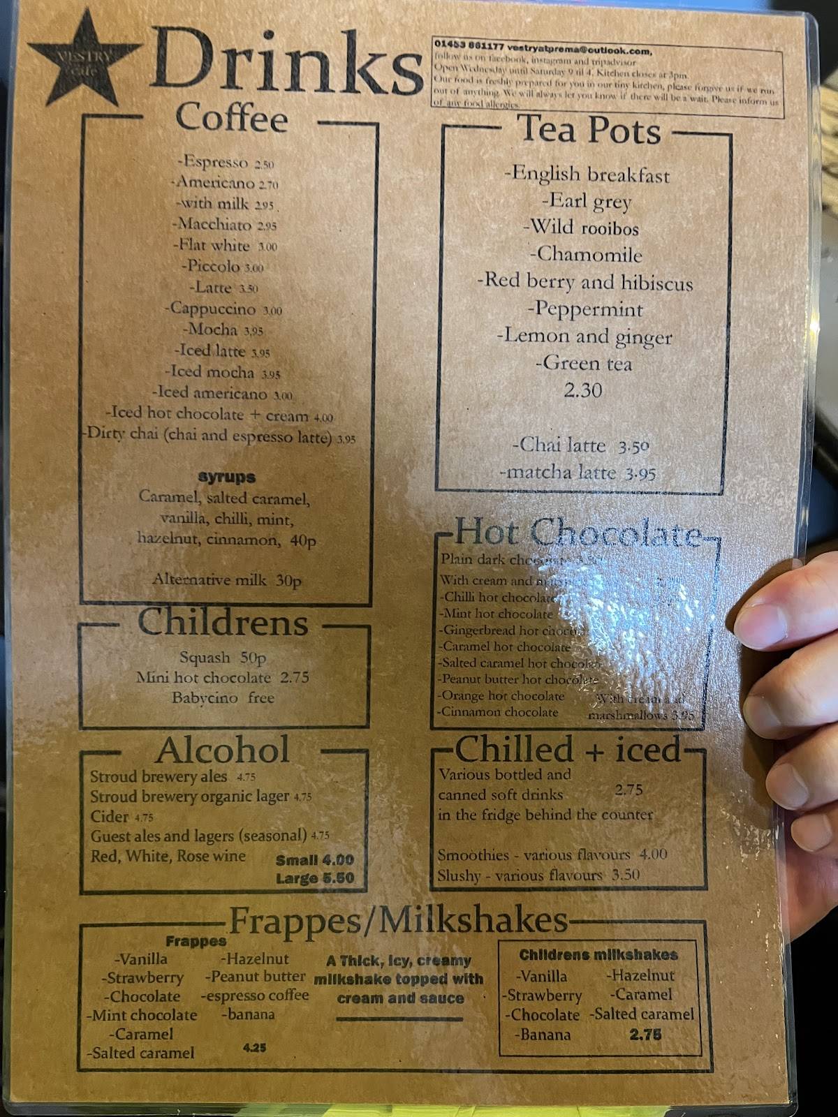 Menu at Vestry Cafe at Prema Arts Centre, Dursley