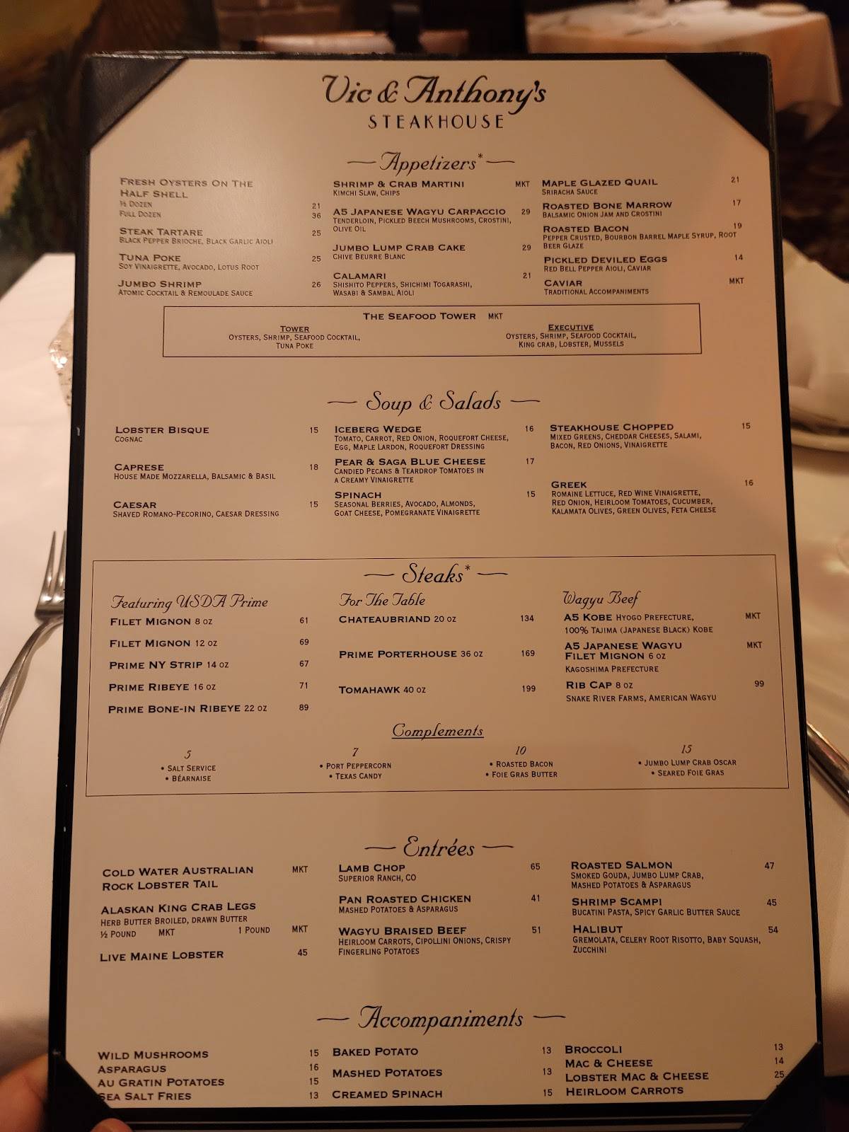 Menu at Vic & Anthony's Steakhouse, Las Vegas