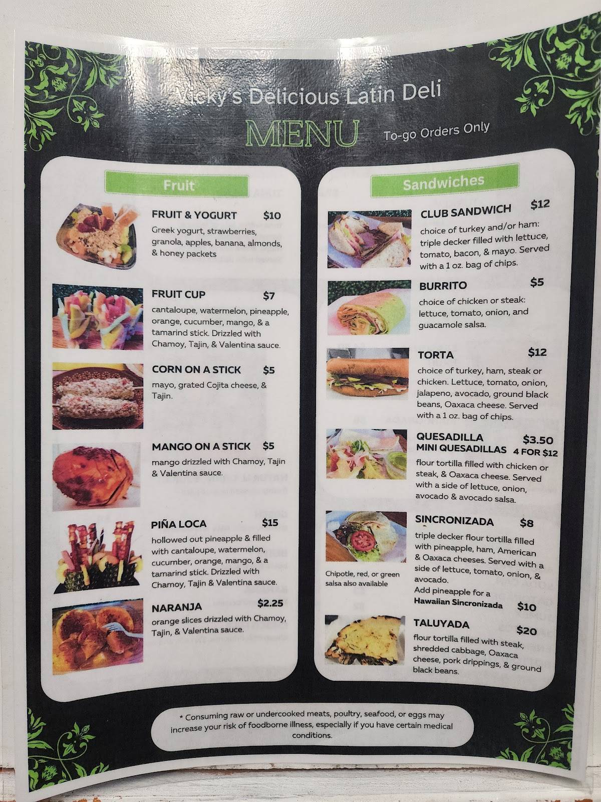 Menu at Vicky’s Latin Deli restaurant, Forest City