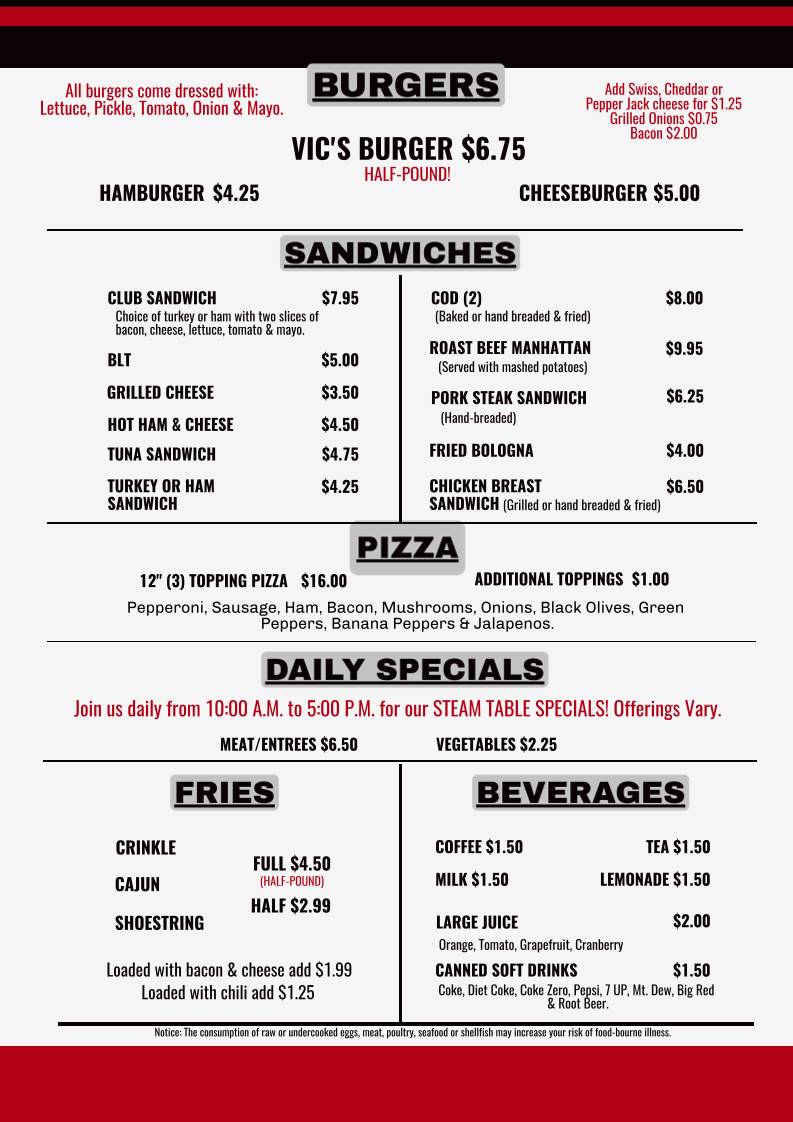 Menu at Vic's Cafe, New Albany