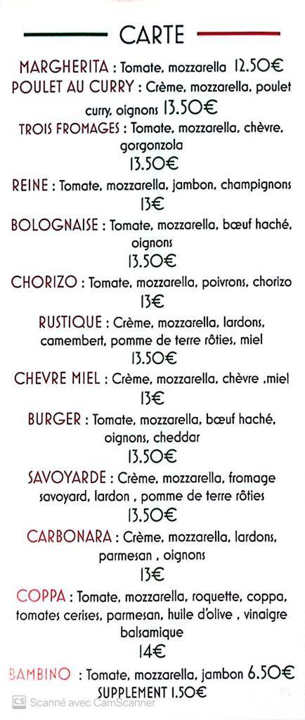 Menu au Victoria Pizza restaurant, Virazeil