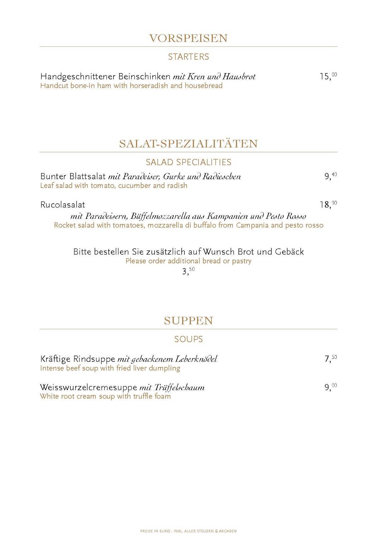 Menu at Zum Schwarzen Kameel pub & bar, Vienna, Bognergasse 5