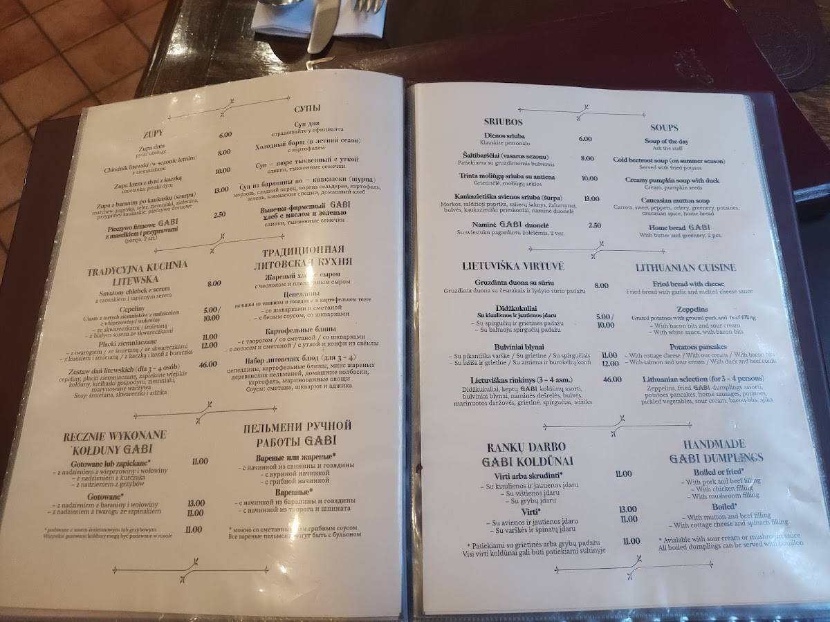 Menu at GABI restaurant, Vilnius