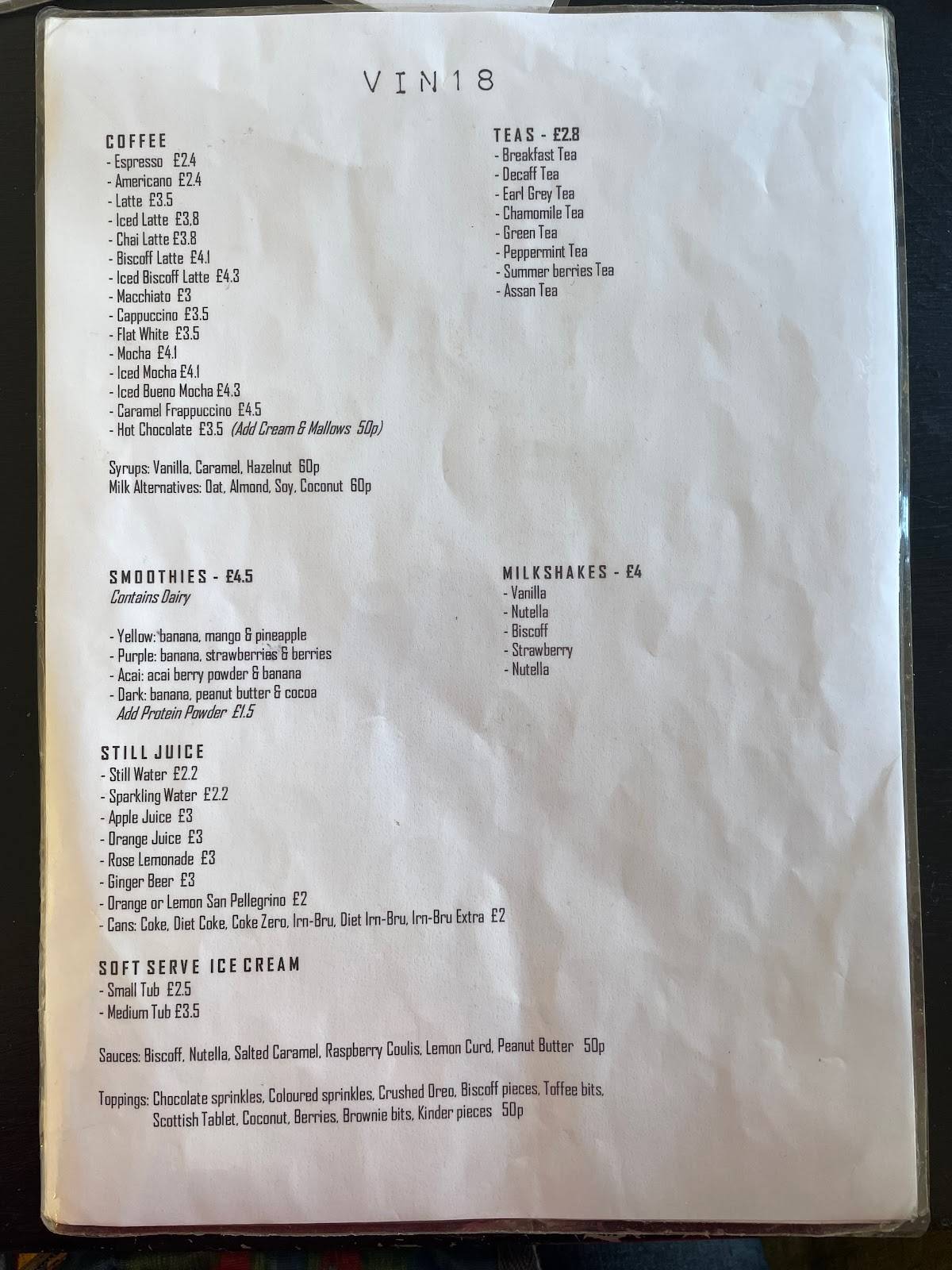 Menu at Vin 18 cafe, Glasgow