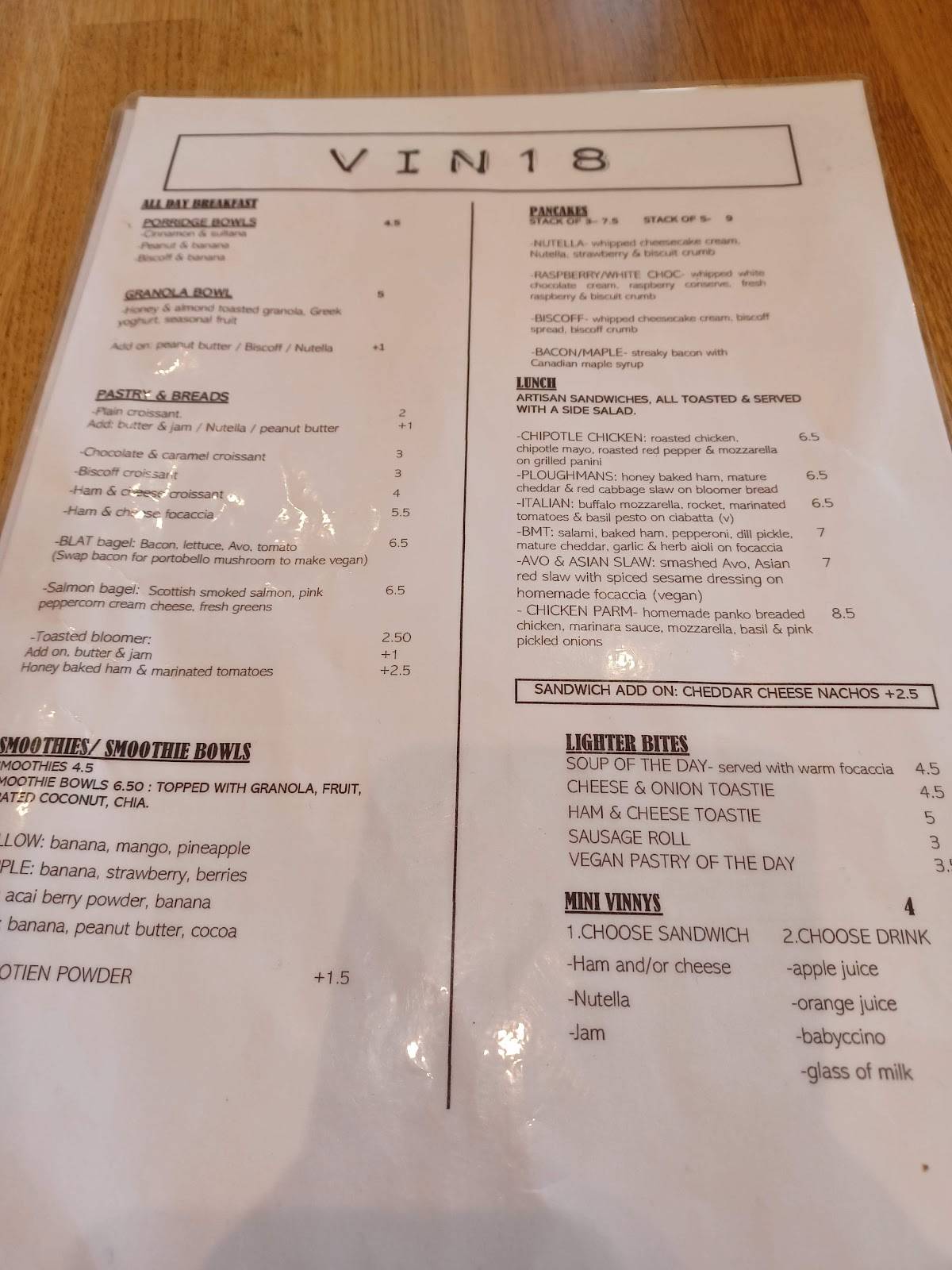 Menu at Vin 18 cafe, Glasgow
