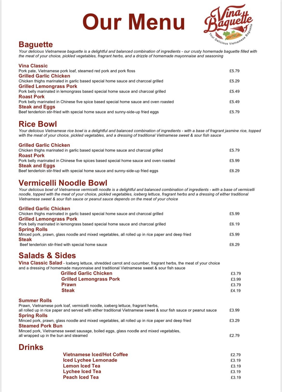 Menu at Vina Baguette restaurant, Maidenhead