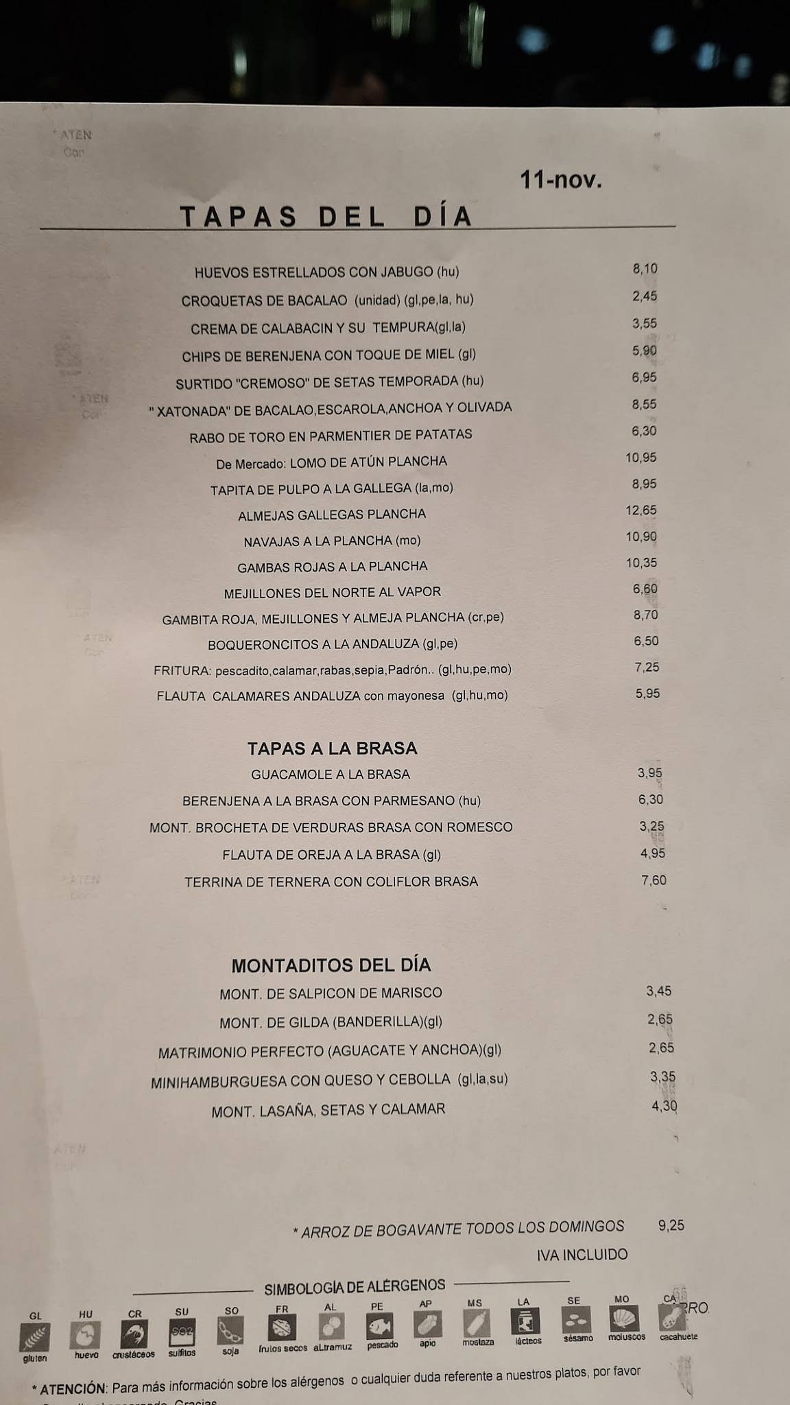 Carta del restaurante Vinitus, Madrid