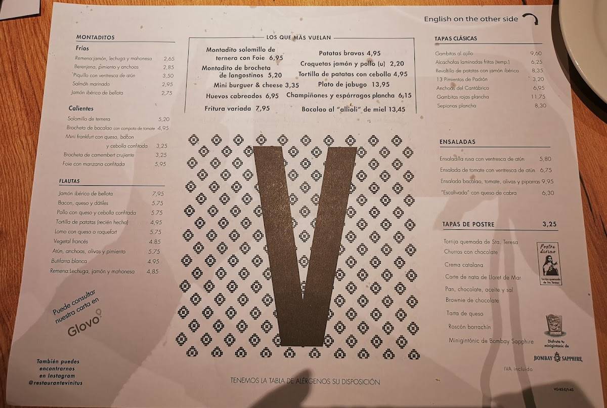 Carta de Restaurante Vinitus, Madrid