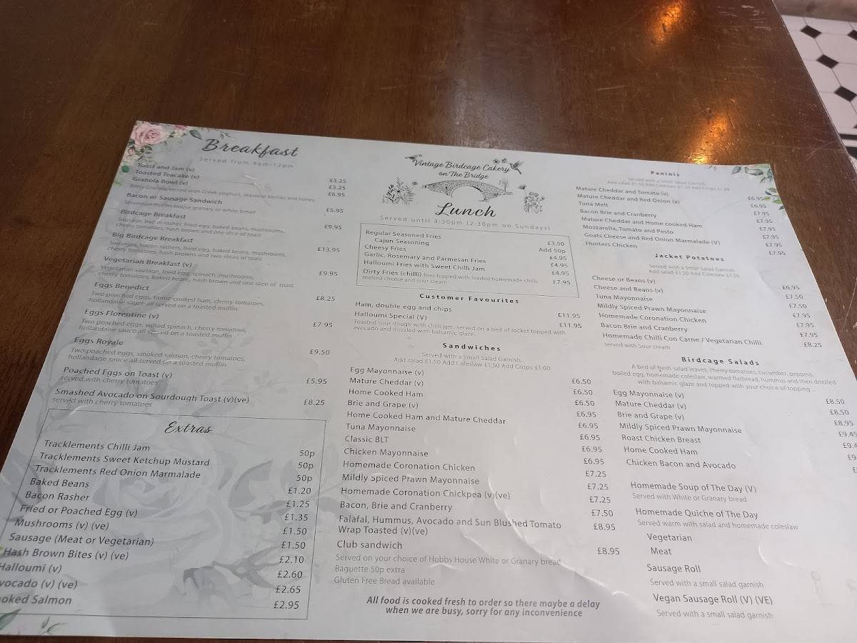 Menu at Vintage Birdcage Cakery on the Bridge restaurant, Charfield