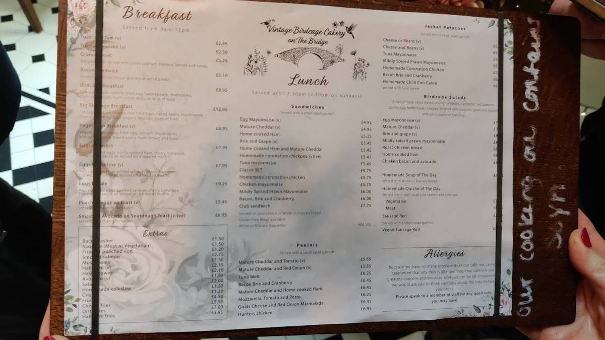 Menu at Vintage Birdcage Cakery on the Bridge restaurant, Charfield