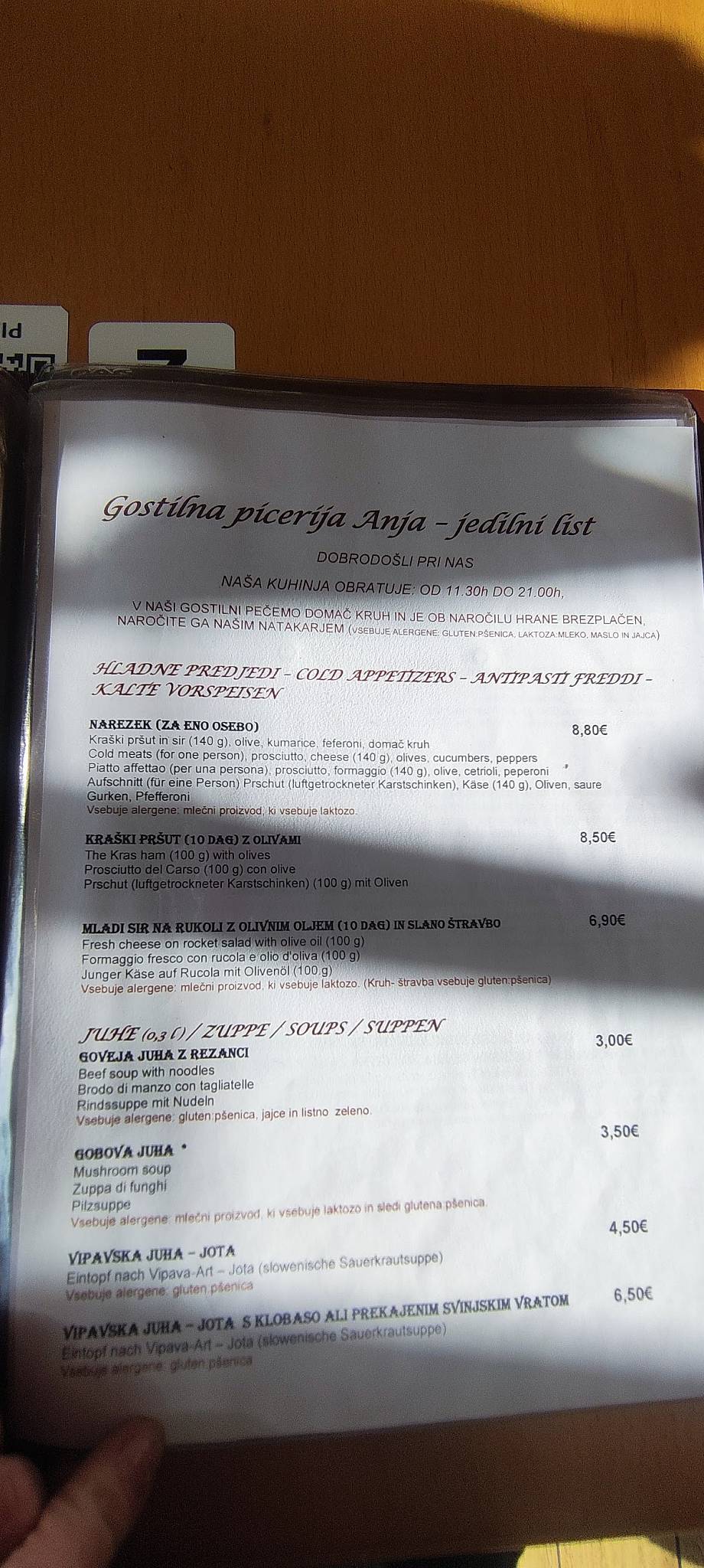Menu au Gostilna picerija Anja restaurant, Vipava