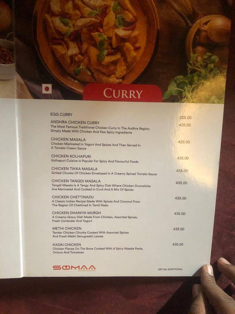 Menu at SOMAA, Siripuram, Visakhapatnam