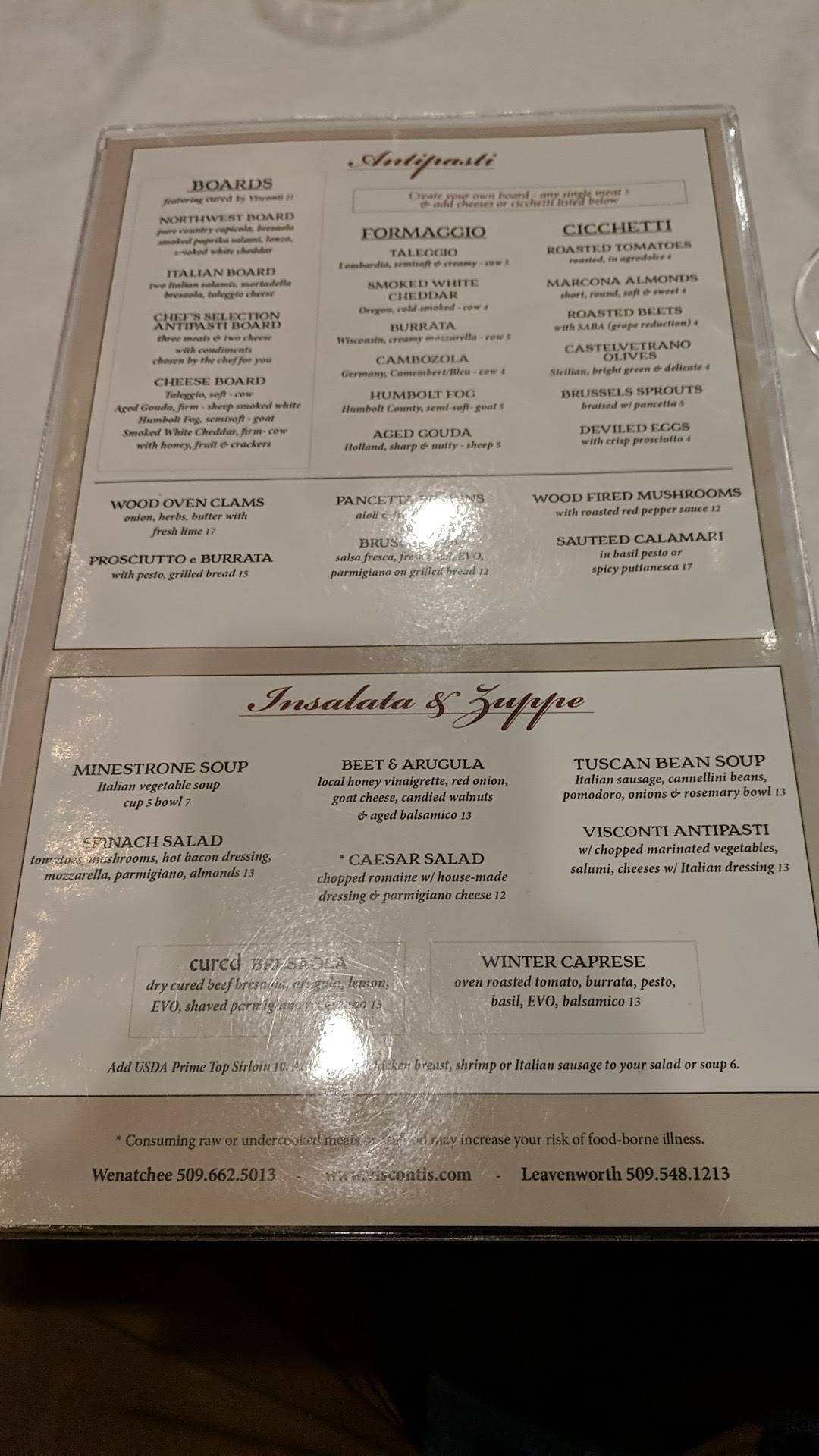 Menu at Visconti's Italian Restaurant, Leavenworth
