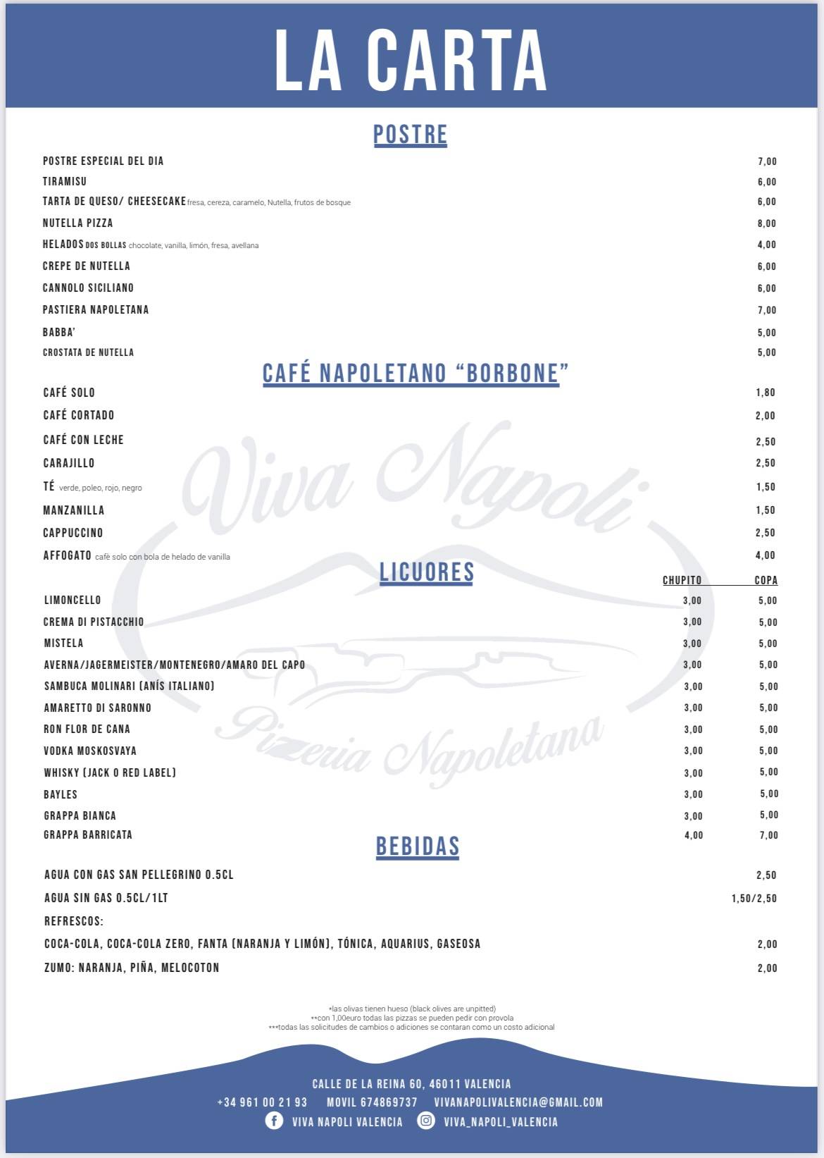 Carta de pizzería Viva Napoli, Valencia