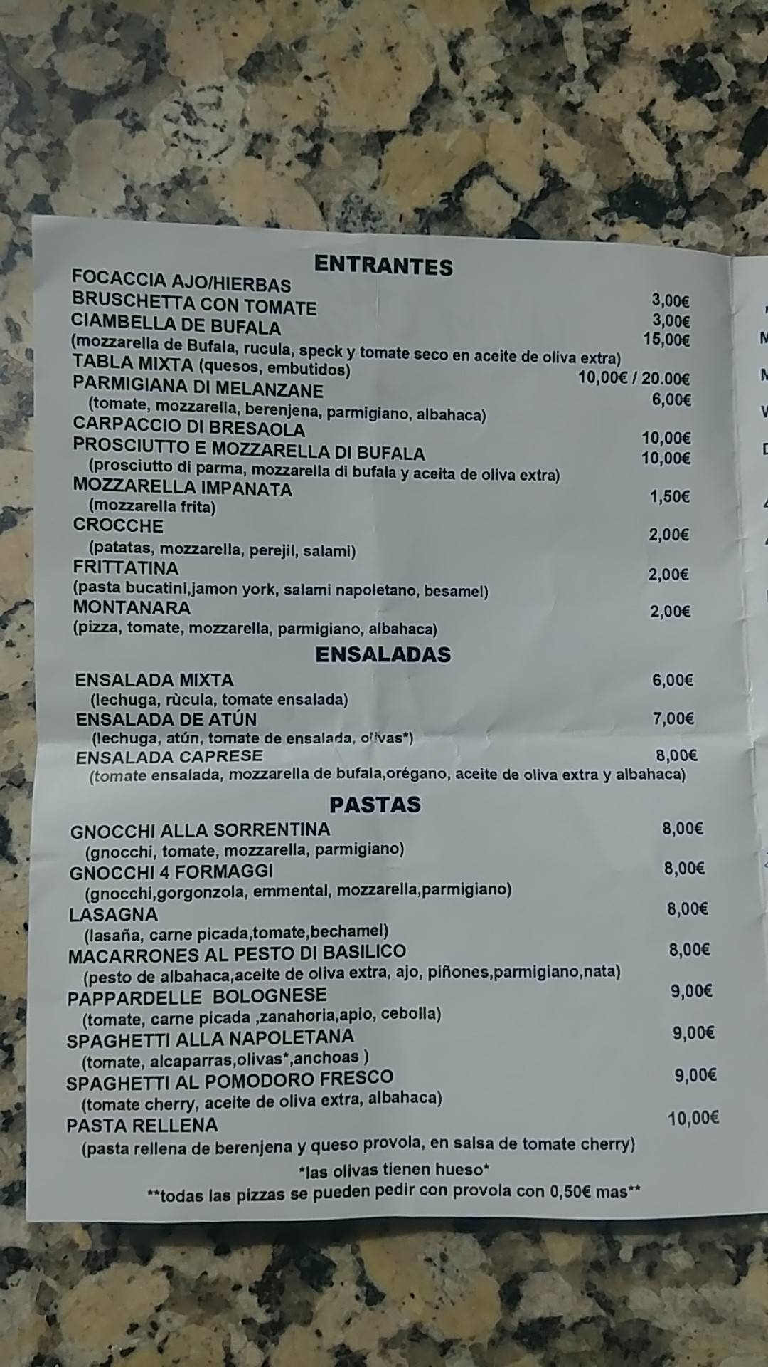 Carta de pizzería Viva Napoli, Valencia