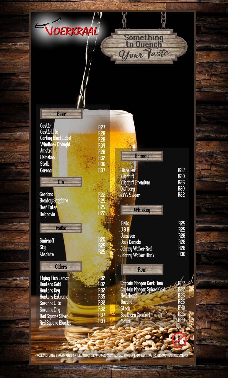 Menu at Voerkraal Restaurant Klerksdorp, Klerksdorp