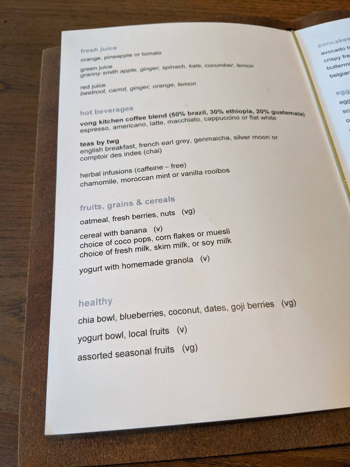 Menu at Vong Kitchen restaurant, Jakarta
