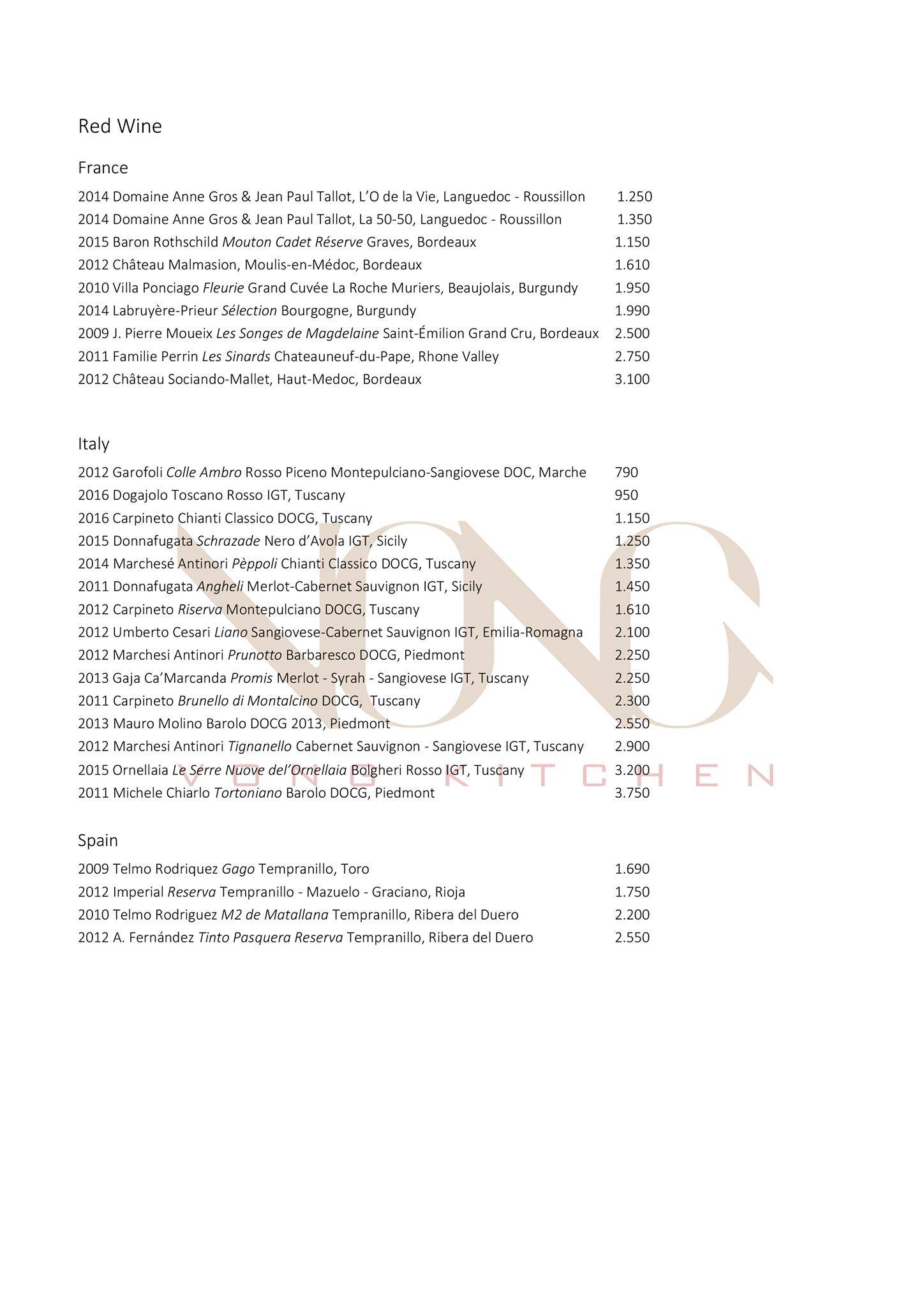 Menu at Vong Kitchen restaurant, Jakarta