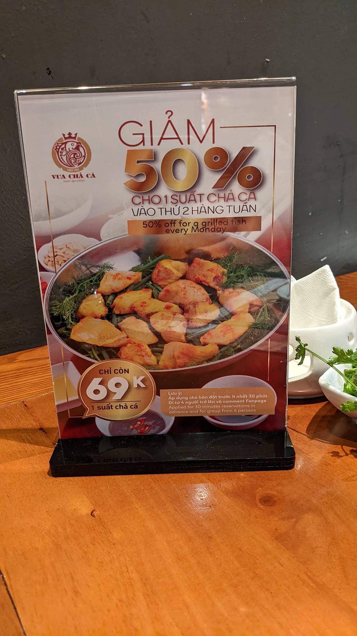 Carta de Vua Chả Cá Restaurant, Hanoi