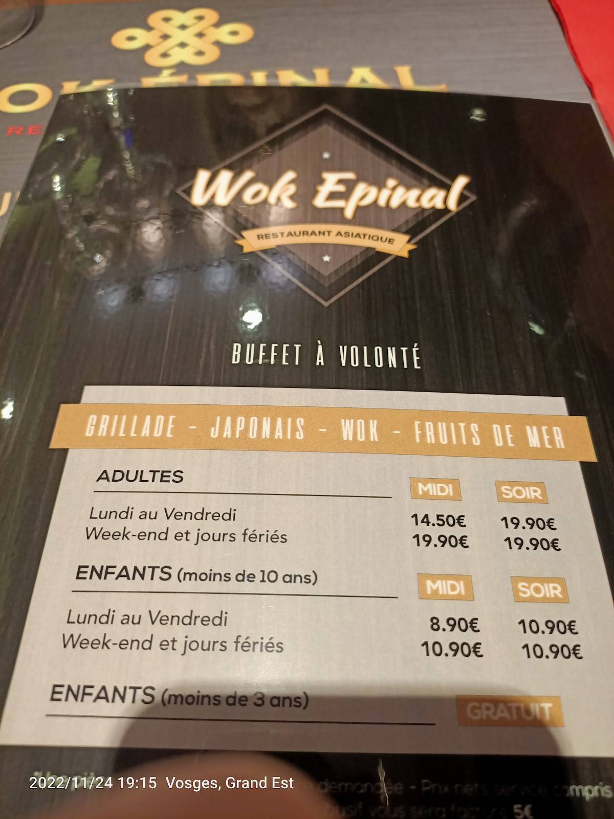Menu au WOK EPINAL restaurant, Chavelot