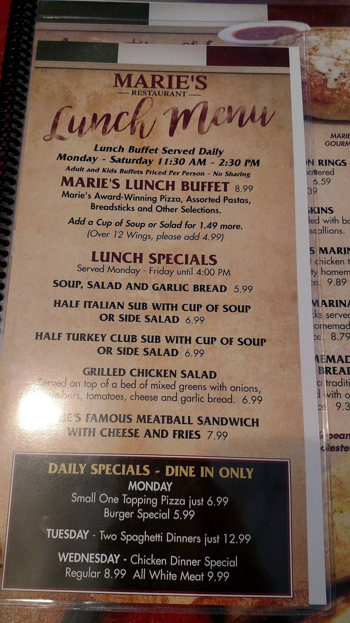 Menu at Marie's Restaurant, Wadsworth
