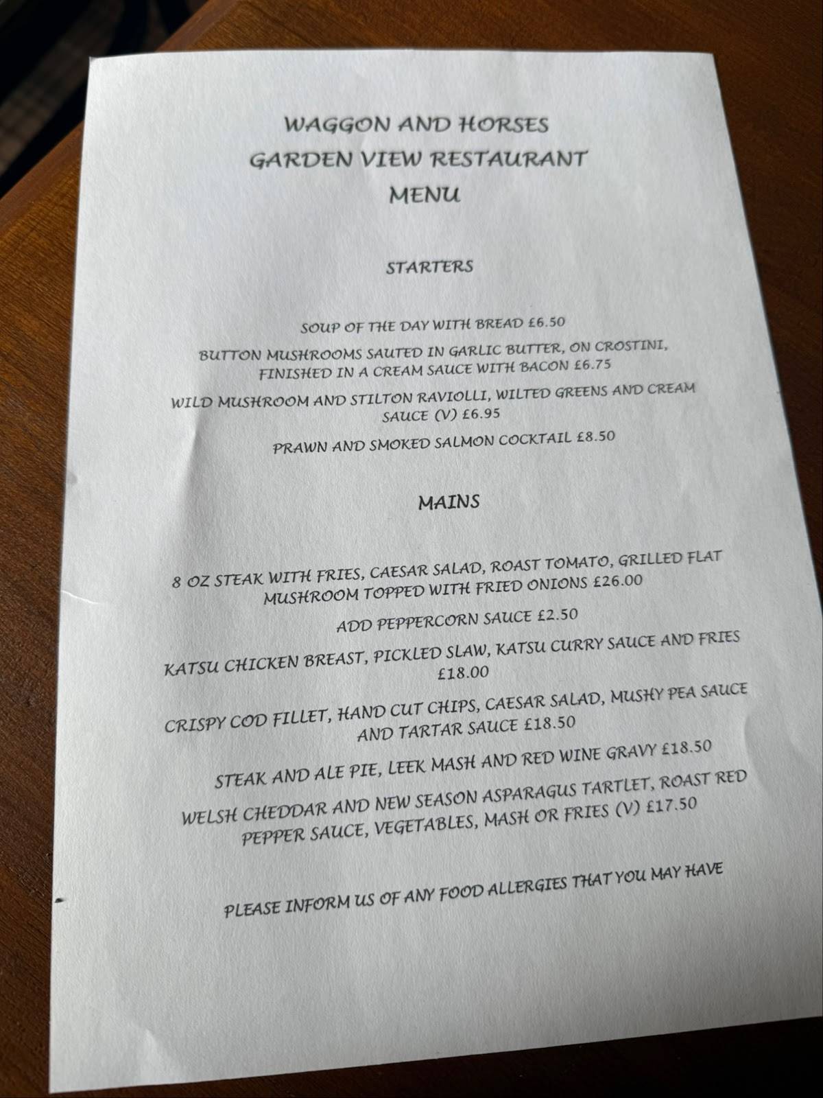 Menu at Waggon and Horses pub & bar, Newtown
