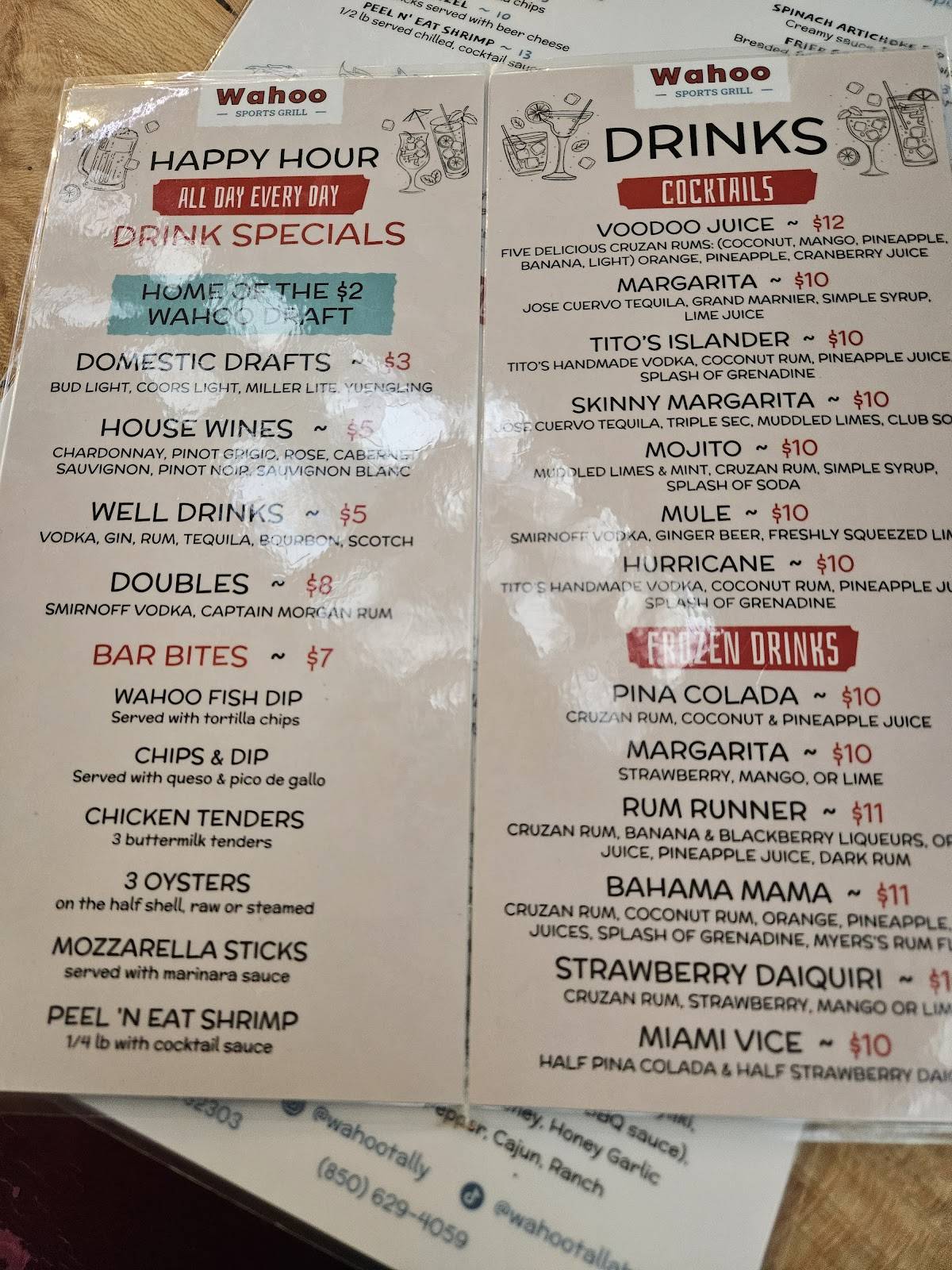 Menu at Wahoo Sports Grill restaurant, Tallahassee