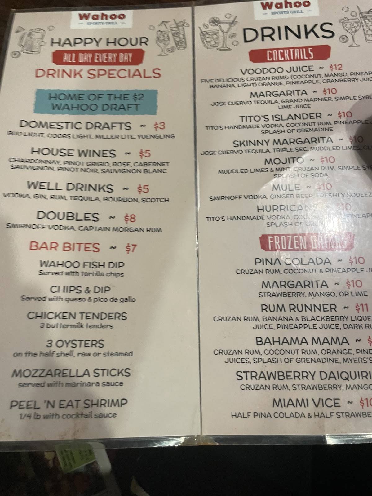Menu at Wahoo Sports Grill restaurant, Tallahassee