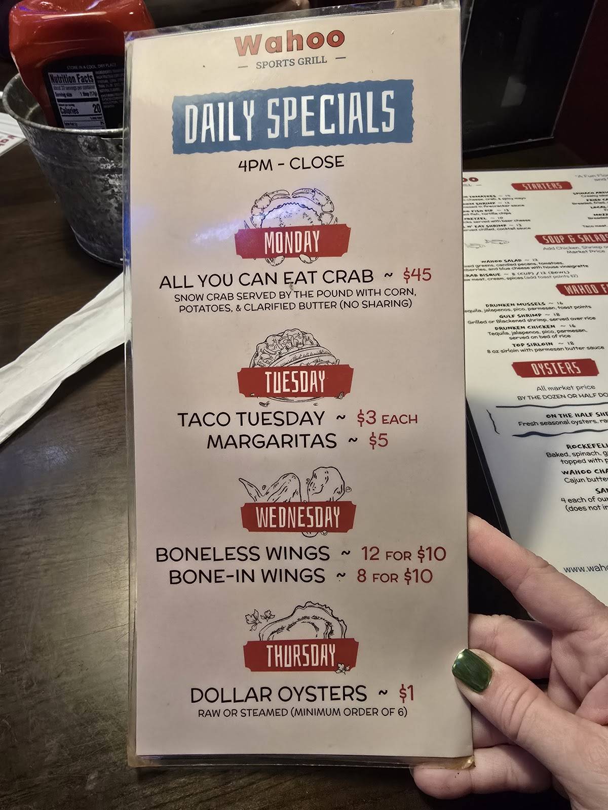 Menu at Wahoo Sports Grill restaurant, Tallahassee