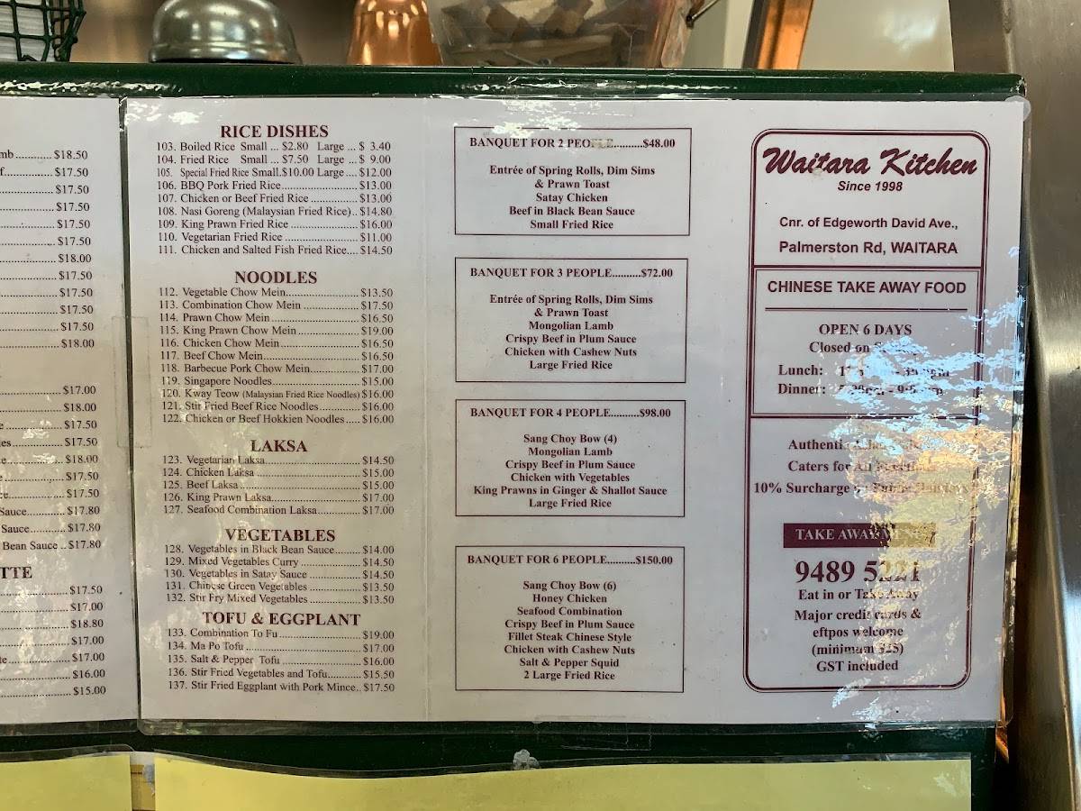 Menu at Waitara Kitchen Chinese Cuisine fast food, Waitara