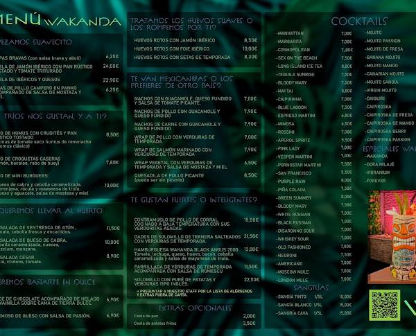 Menu at Wakanda pub & bar, Playa de las Américas