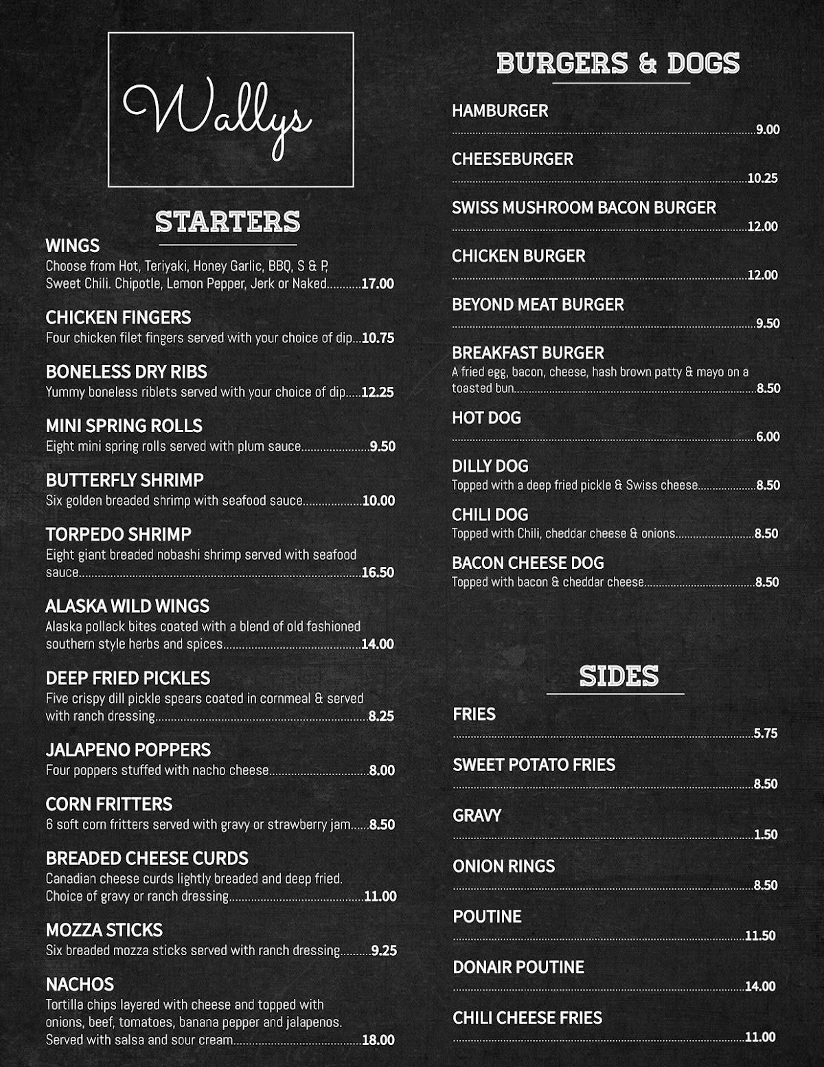 Menu at Wally's Bar & Grill, Onoway