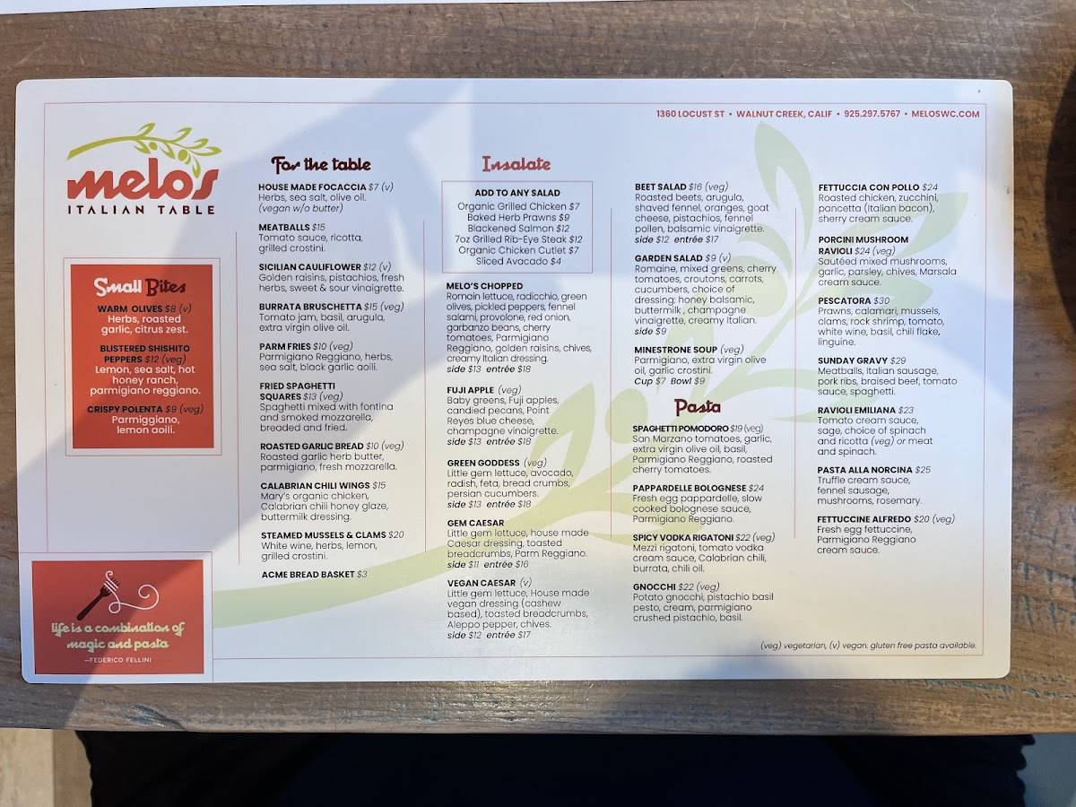 Menu at Melo's Italian Table pizzeria, Walnut Creek