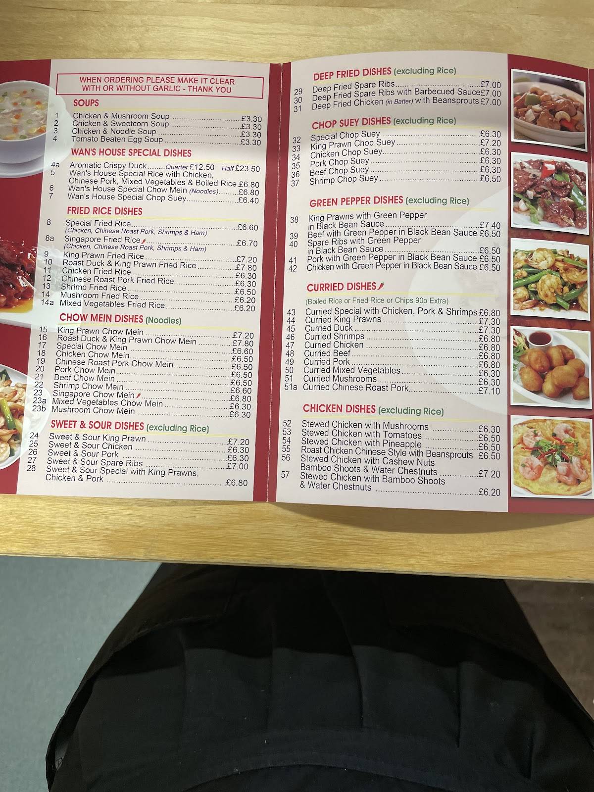 Menu at Wan's fast food, Exeter